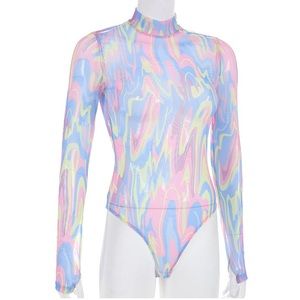 Tops | Colorful Trippy Long Sleeve Sheer Bodysuit | Poshmark